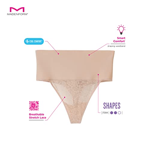 Maidenform Women's Tame Your Tummy Panties, Firm Control Shapewear Thong, Cool Comfort, Beige Swing Lace, Medium