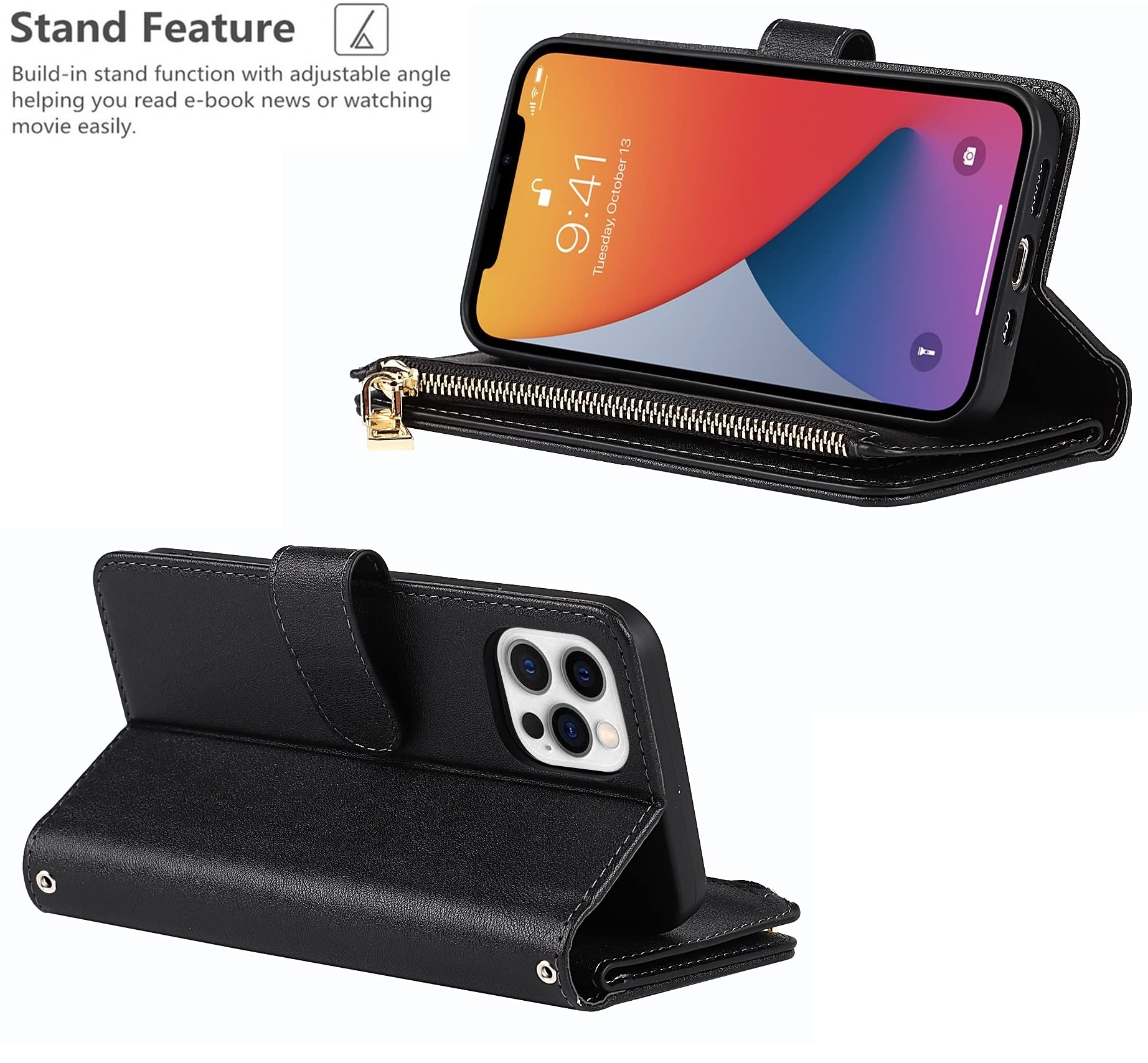 iCoverCase Crossbody Wallet Case for iPhone 12/12 Pro, Black PU Leather Flip Case with Strap, Card Holder, Kickstand, 6.1 Inch