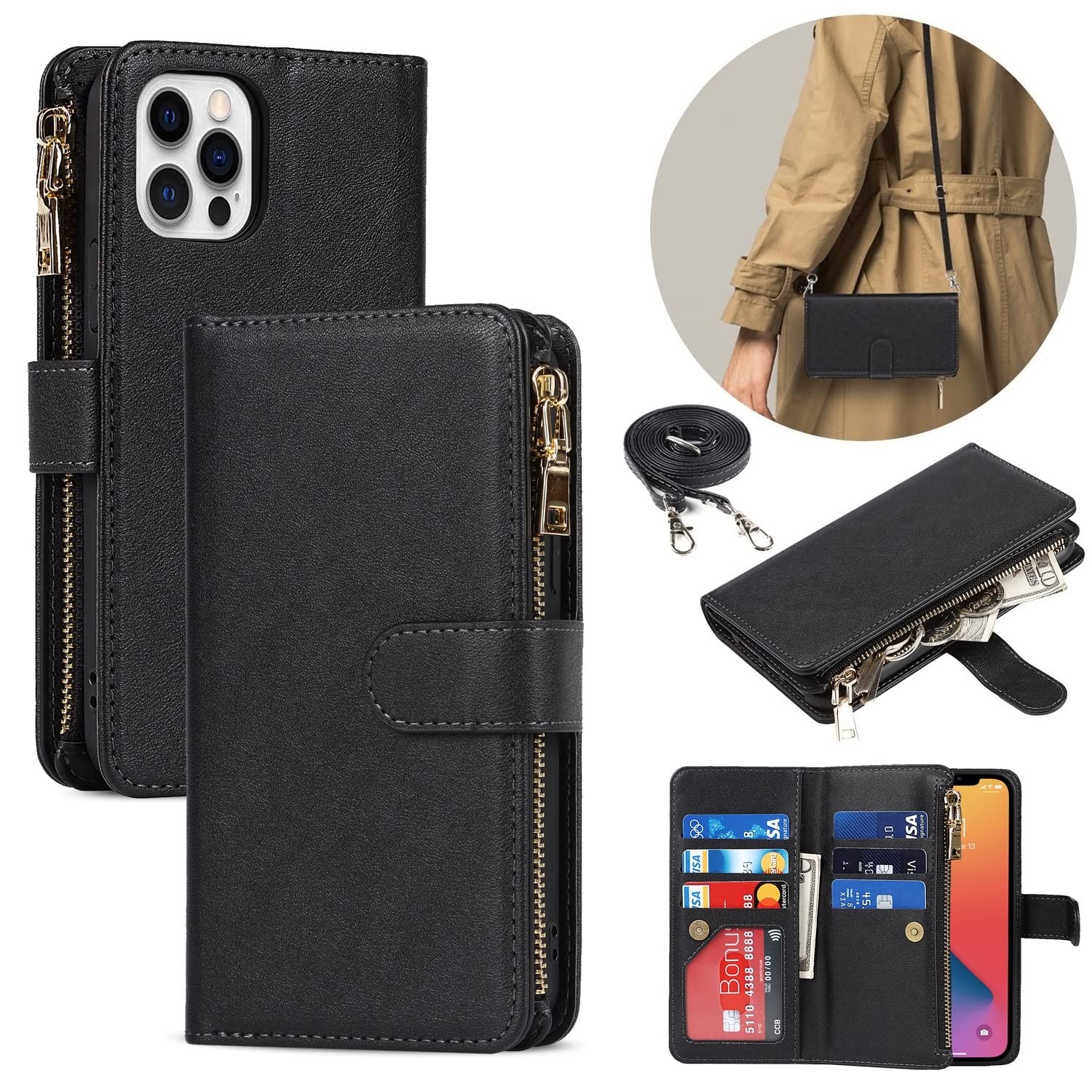 iCoverCase Crossbody Wallet Case for iPhone 12/12 Pro, Black PU Leather Flip Case with Strap, Card Holder, Kickstand, 6.1 Inch