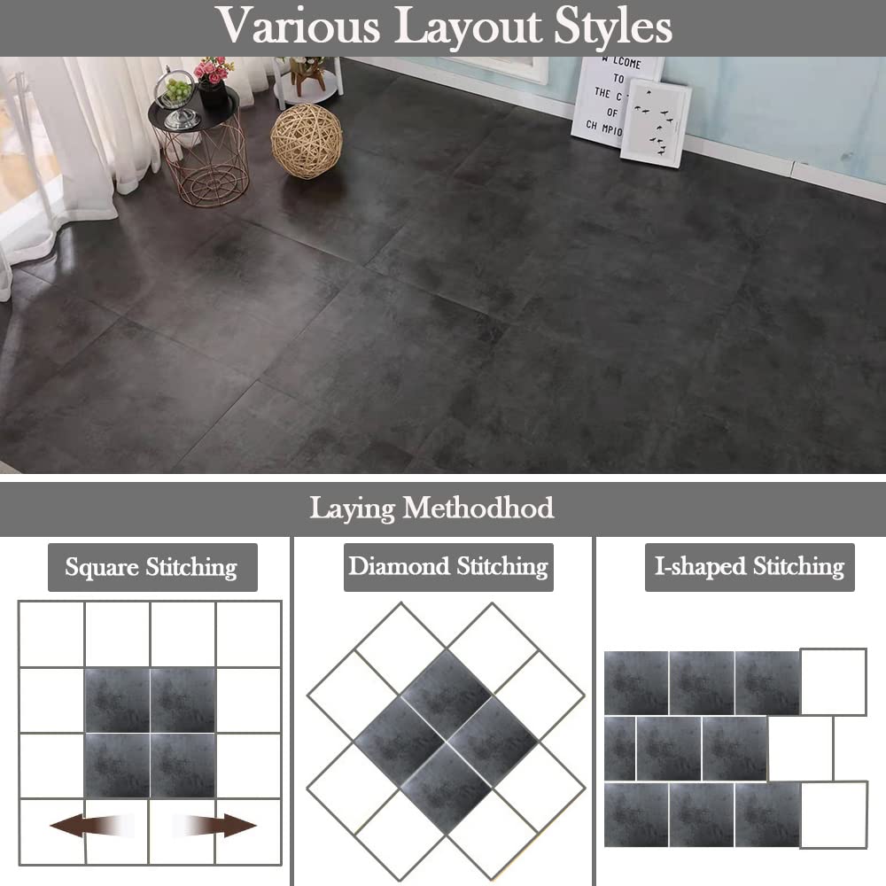 SURNUO 10PC 12 * 12 inch 1.5mm Thick Peel and Stick Vinyl Floor Tile, Self-Adhesive Tile Flooring for Bathroom, Livingroom, Kitchen and Renter's House Black Color