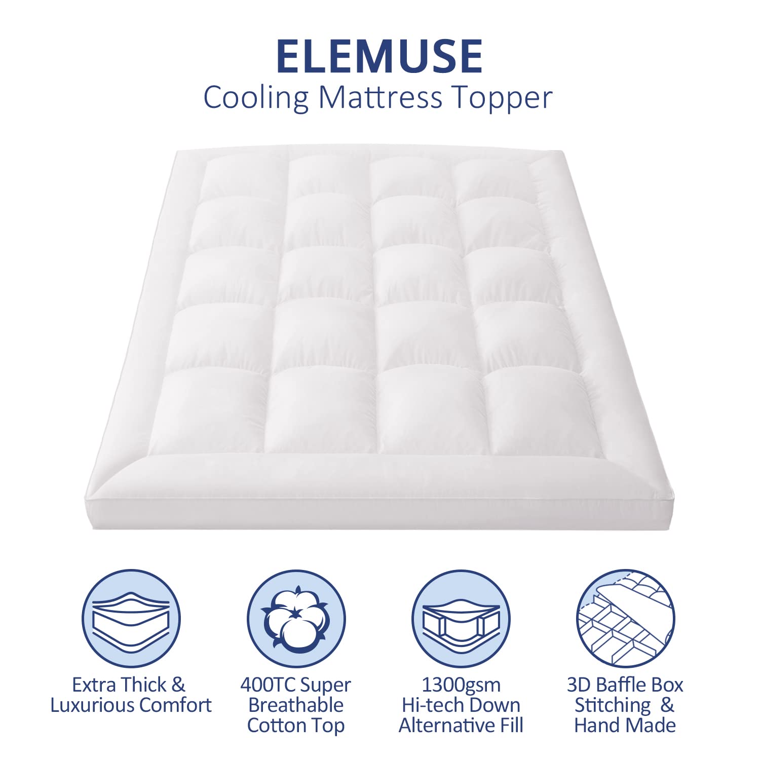 ELEMUSE Extra Thick Cooling Queen Mattress Topper, 1300 GSM Overfilled Pillow Top with Baffle Box Design, Hand Made 400TC Organic Cotton Pad Cover, Plush & Support Snow Down Alternative, Hotel Quality