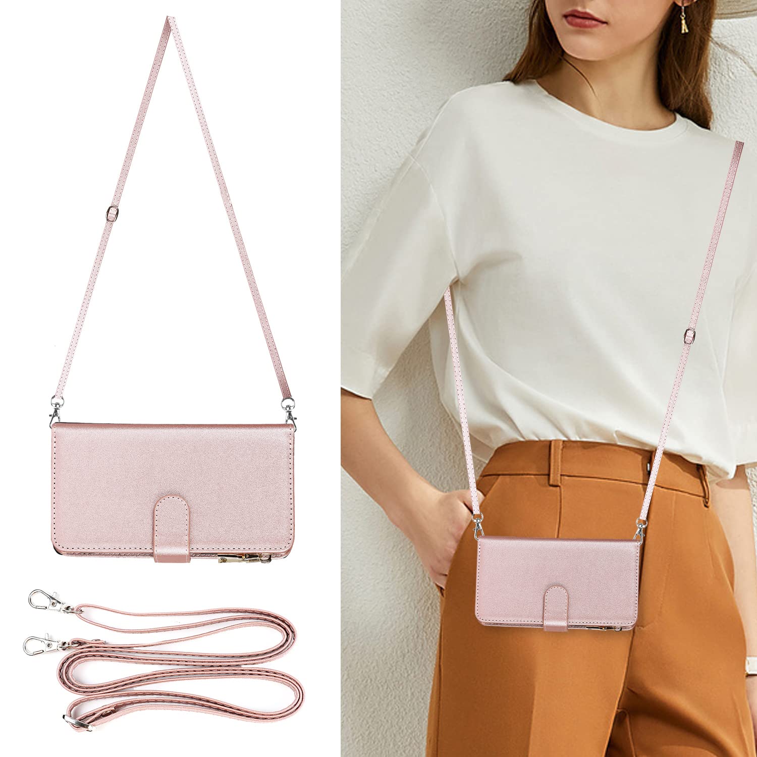 iCoverCase for iPhone 13 Wallet Case with Card Holder and Adjustable Crossbody Lanyard, PU Leather Kickstand Card Slots [Not Detachable] Flip Cover Case 6.1 Inch (Rose Gold)