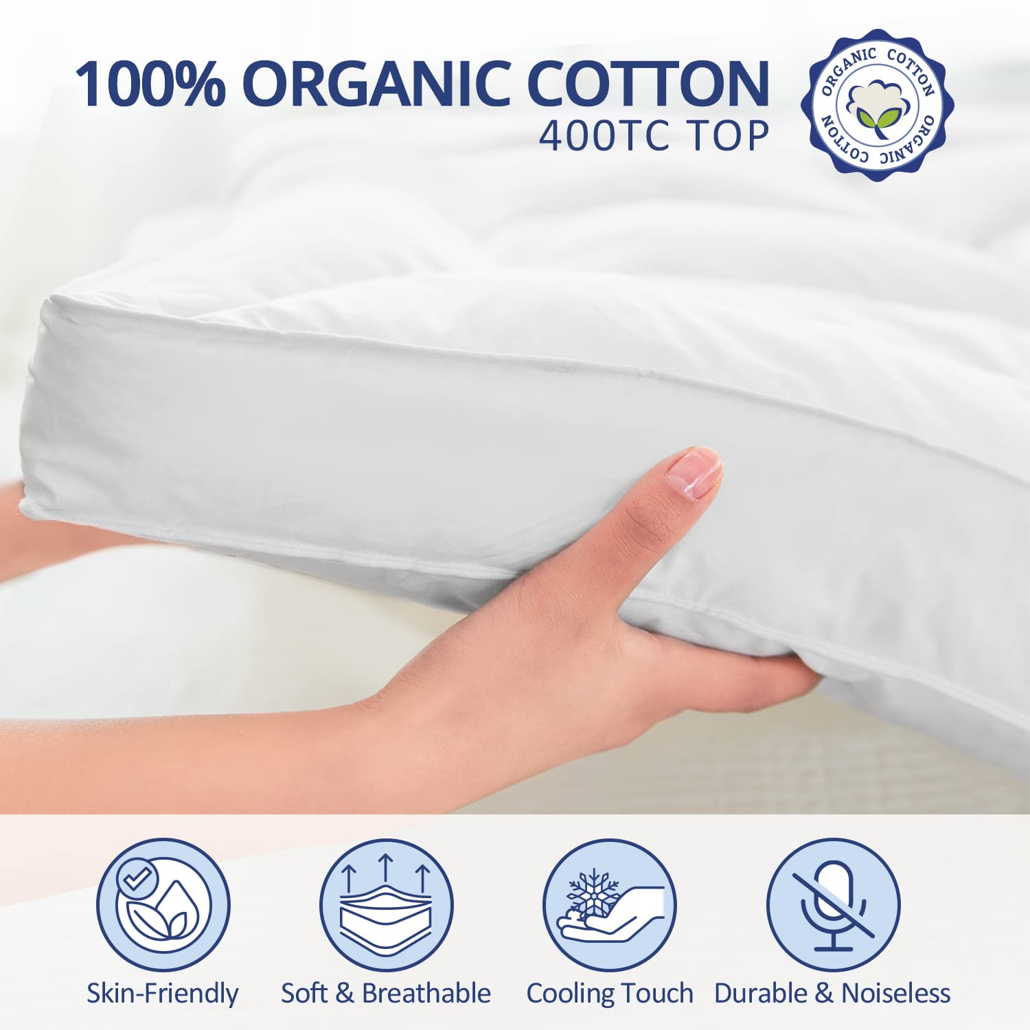 ELEMUSE Extra Thick Cooling Queen Mattress Topper, 1300 GSM Overfilled Pillow Top with Baffle Box Design, Hand Made 400TC Organic Cotton Pad Cover, Plush & Support Snow Down Alternative, Hotel Quality