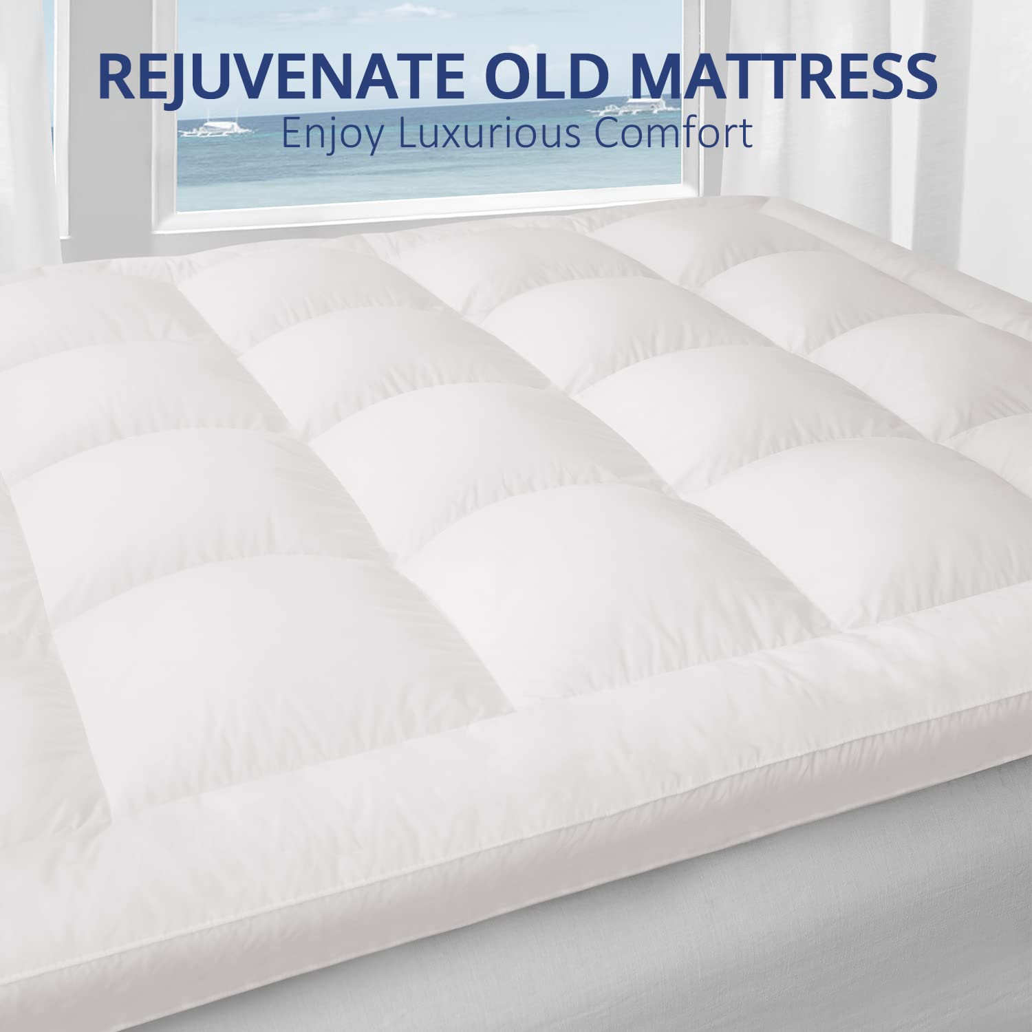 ELEMUSE Extra Thick Cooling Queen Mattress Topper, 1300 GSM Overfilled Pillow Top with Baffle Box Design, Hand Made 400TC Organic Cotton Pad Cover, Plush & Support Snow Down Alternative, Hotel Quality