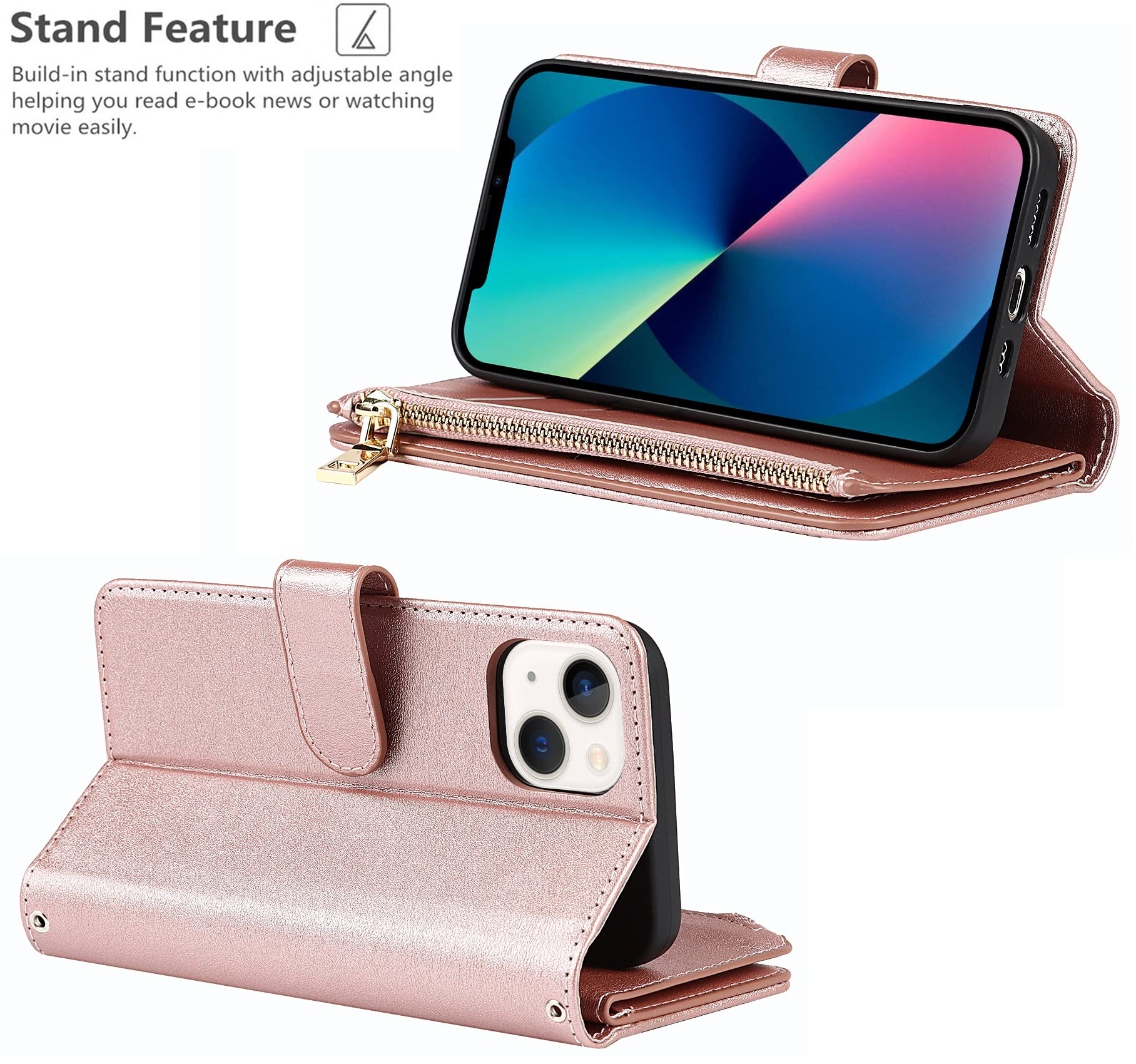 iCoverCase for iPhone 13 Wallet Case with Card Holder and Adjustable Crossbody Lanyard, PU Leather Kickstand Card Slots [Not Detachable] Flip Cover Case 6.1 Inch (Rose Gold)