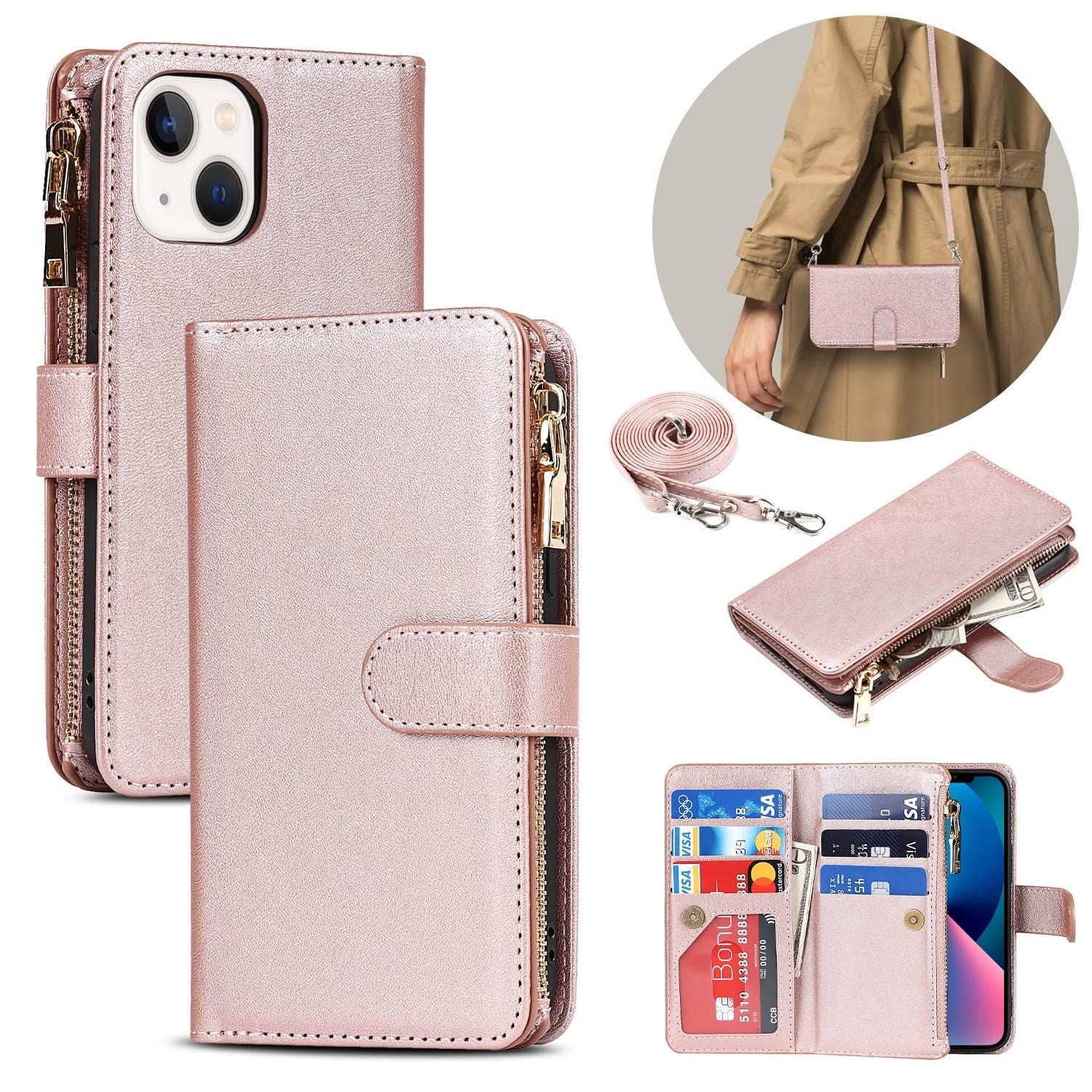 iCoverCase for iPhone 13 Wallet Case with Card Holder and Adjustable Crossbody Lanyard, PU Leather Kickstand Card Slots [Not Detachable] Flip Cover Case 6.1 Inch (Rose Gold)