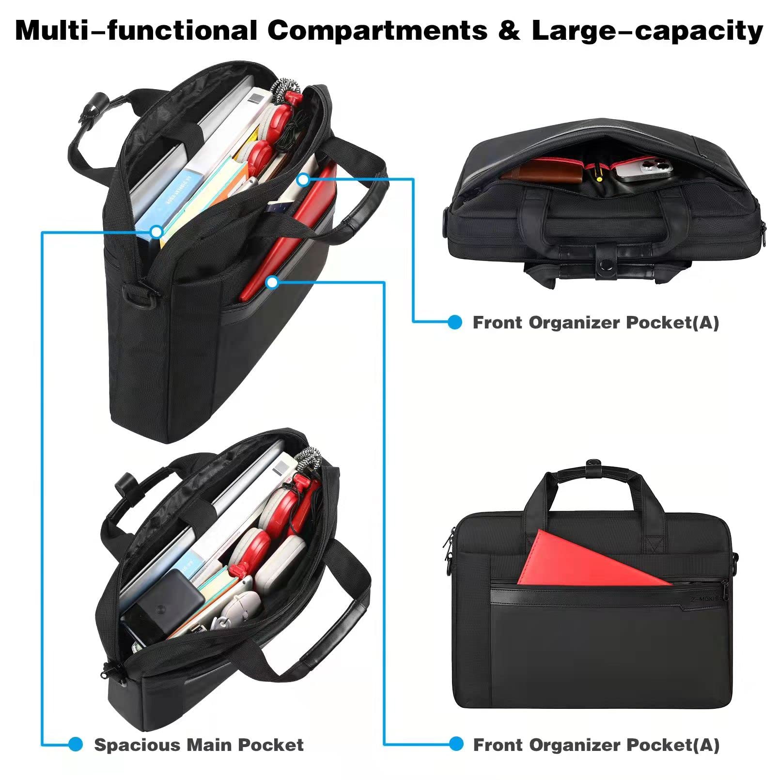 Laptop Bag 15.6 Inch, Briefcase for Men, Laptop Carrying Case, Adjustable Shoulder Messenger Computer Bag, Business College Laptop Case, Water Resistance Laptop Bag Fits HP, Dell, Lenovo, ASUS, Black
