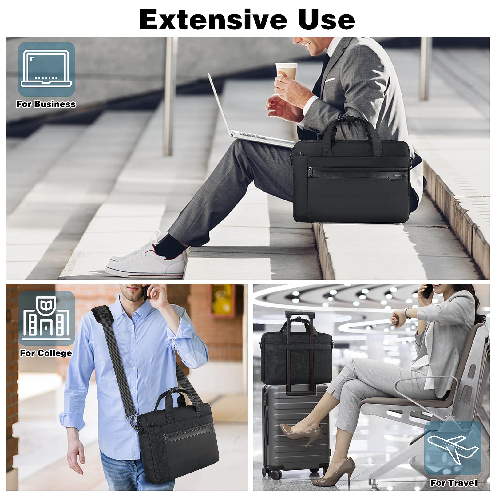 Laptop Bag 15.6 Inch, Briefcase for Men, Laptop Carrying Case, Adjustable Shoulder Messenger Computer Bag, Business College Laptop Case, Water Resistance Laptop Bag Fits HP, Dell, Lenovo, ASUS, Black