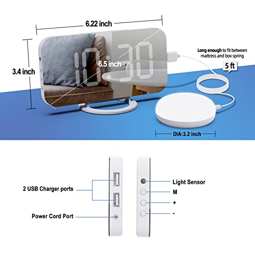 Miowachi Loud Digital Alarm Clock for Heavy Sleepers Adults with Bed Shaker,2 USB Charger, Adjustable LED Light, Snooze, Alarm, Clock for Bedroom, White