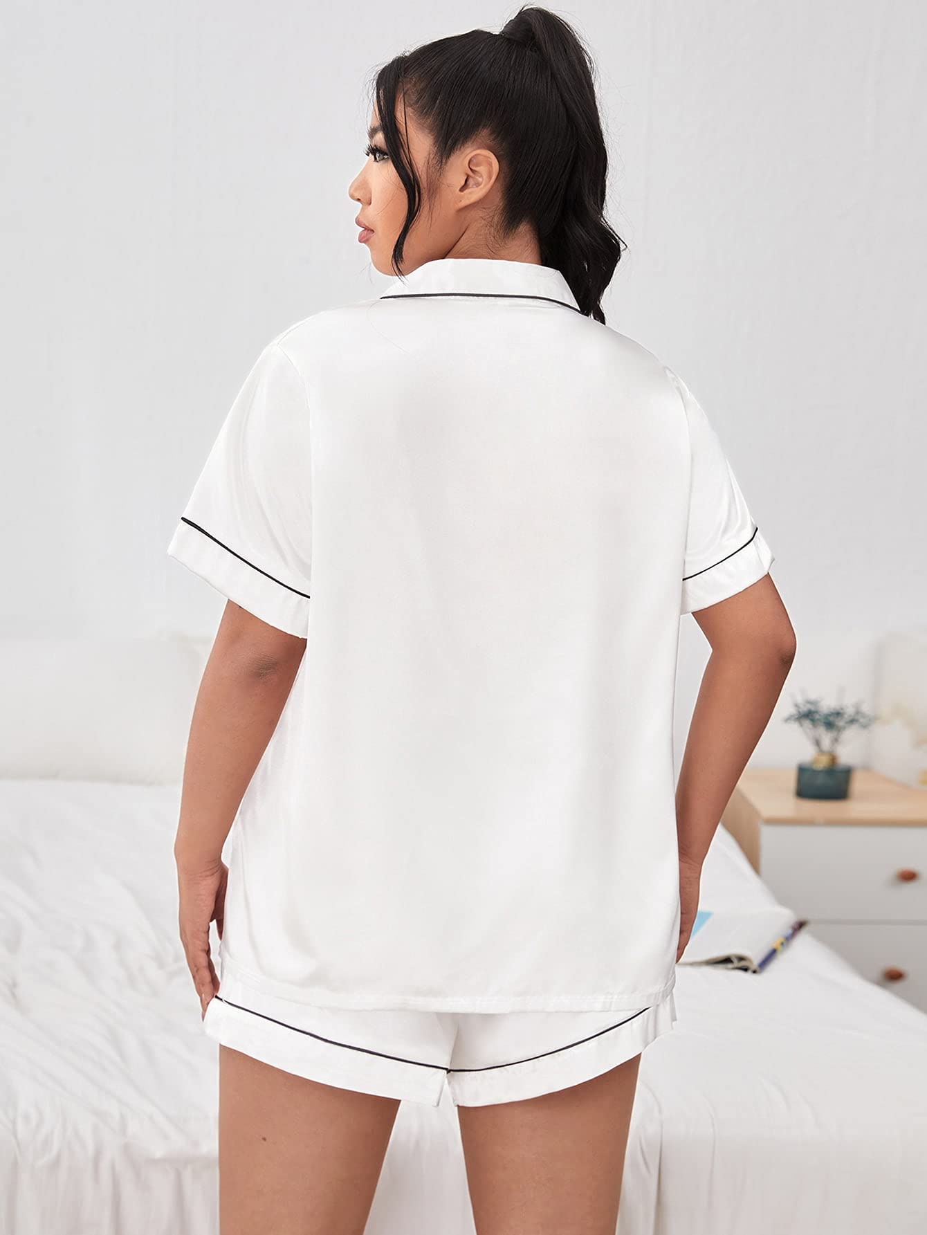 MakeMeChic Women's Plus Size Satin Button Down Pajama Set Silk Short Sleeve Sleepwear White 3XL