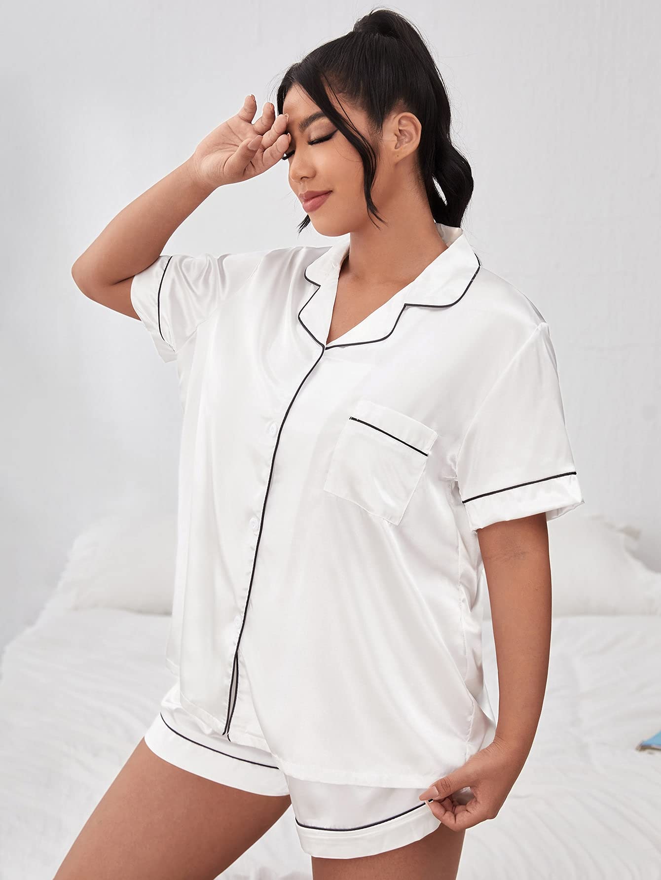 MakeMeChic Women's Plus Size Satin Button Down Pajama Set Silk Short Sleeve Sleepwear White 3XL