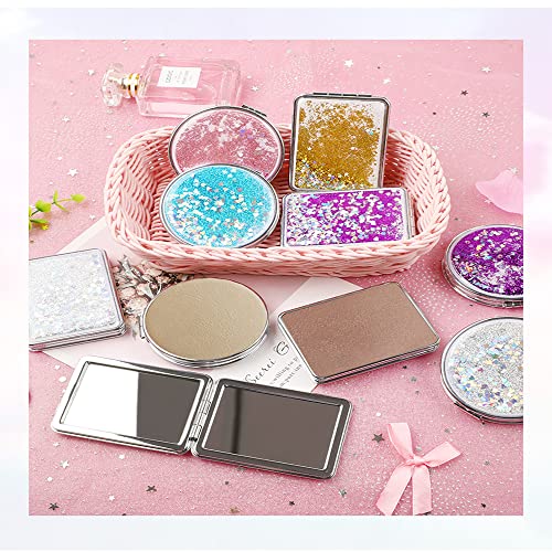 Creative Quicksand Makeup Mirror Double-Sided Portable Compact Mirror Glitter Foldable Fashion Hand Mirror Portable Travel Pocket Makeup Mirror (Round-Gold)
