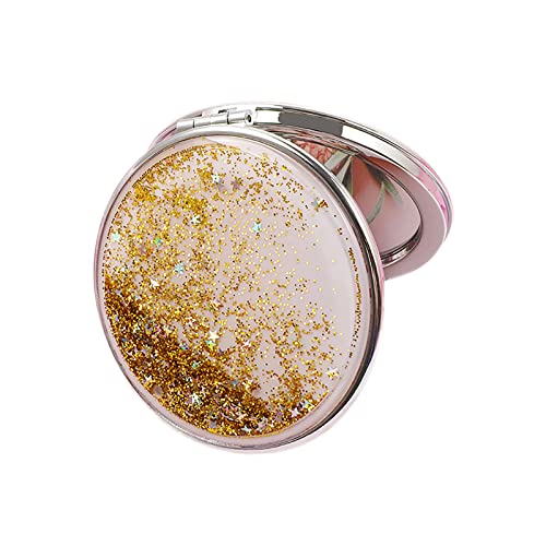 Creative Quicksand Makeup Mirror Double-Sided Portable Compact Mirror Glitter Foldable Fashion Hand Mirror Portable Travel Pocket Makeup Mirror (Round-Gold)