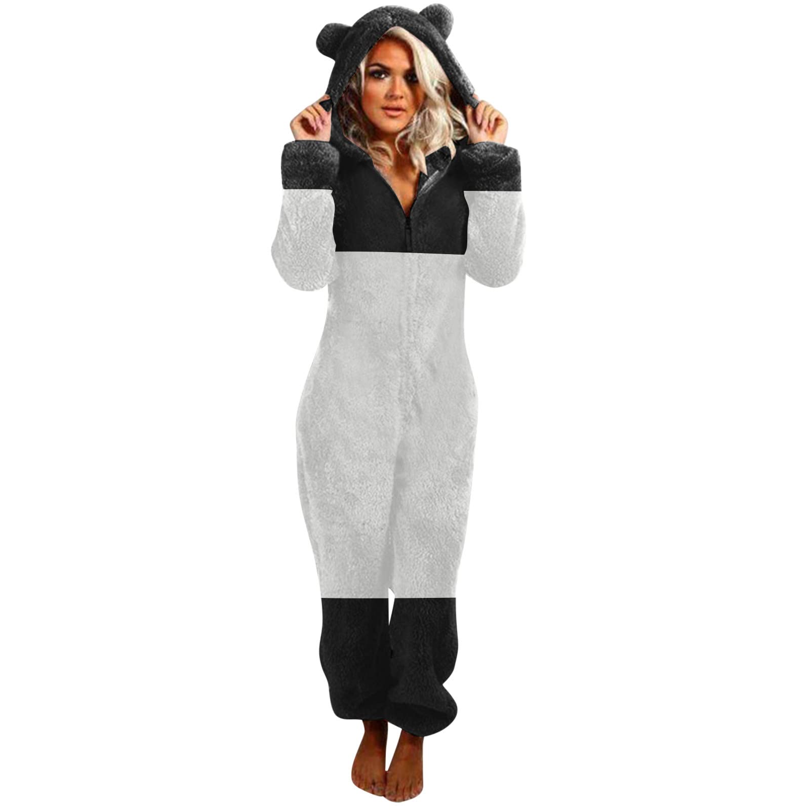 Aniywn Adult Onesie Pajamas for Women with Hood Sherpa Fleece Winter Homewear Cute Ears Animal Costume Plush PJS Sleepwear