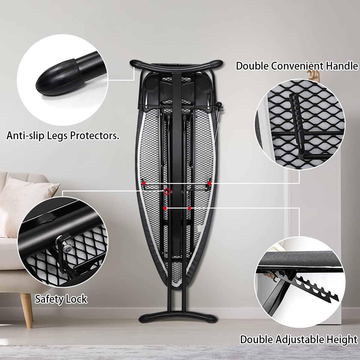 Duwee Steel Top Extra Wide Ironing Board with Sleeve Board and Adjustable Iron Rest, Luxury Foldable Ironing Boards with 10 mm Thicken Feltpad and Cover, Adjustable Height,18"x48"