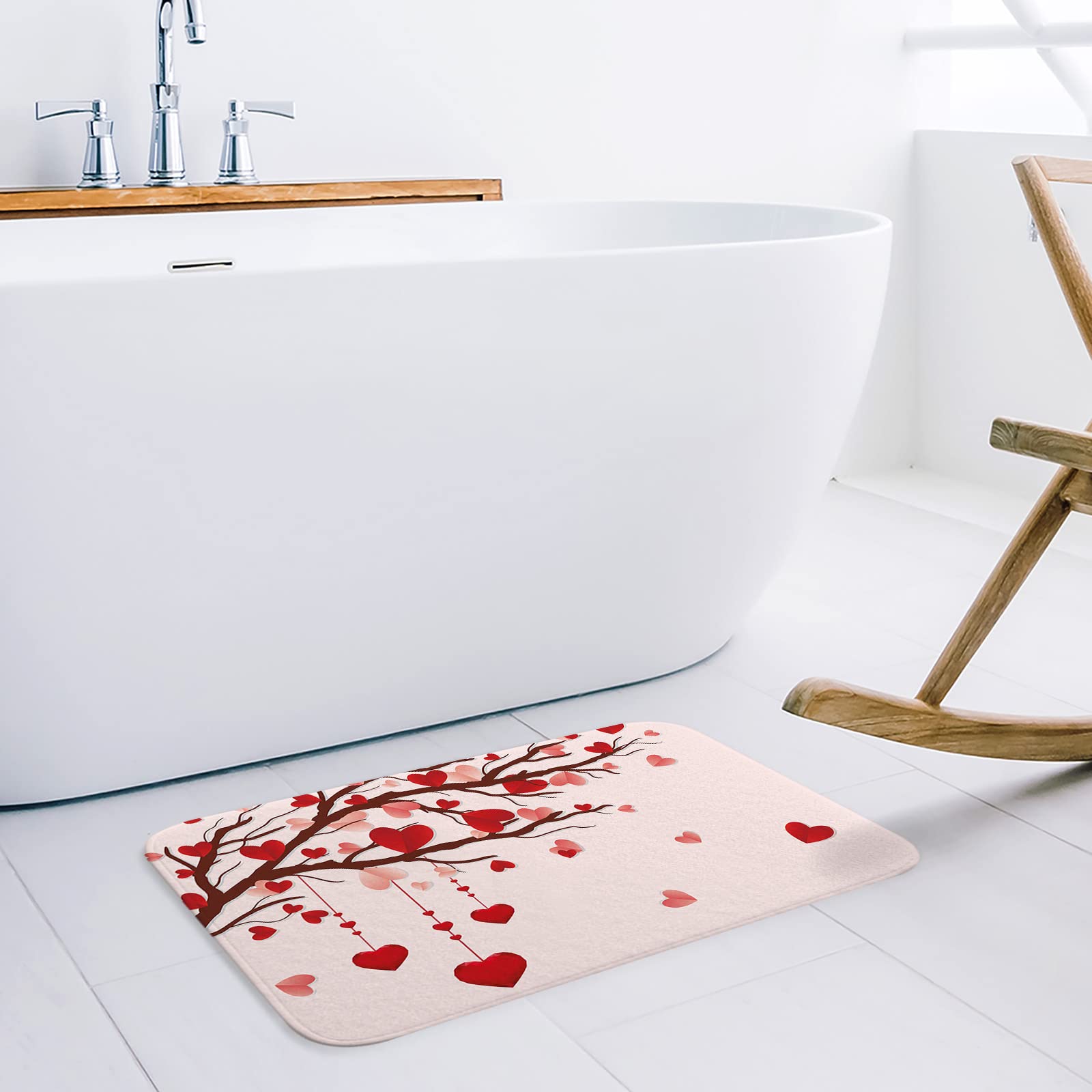 Valentine Bath Rugs Love Heart Tree Bathroom Rugs Pink Red Romantic Love Sponge Doormat Absorbent Non Slip Backing Soft Flannel Mat Memory Foam Mats Carpet for Bathroom Kitchen, 20 x 31.5 inches