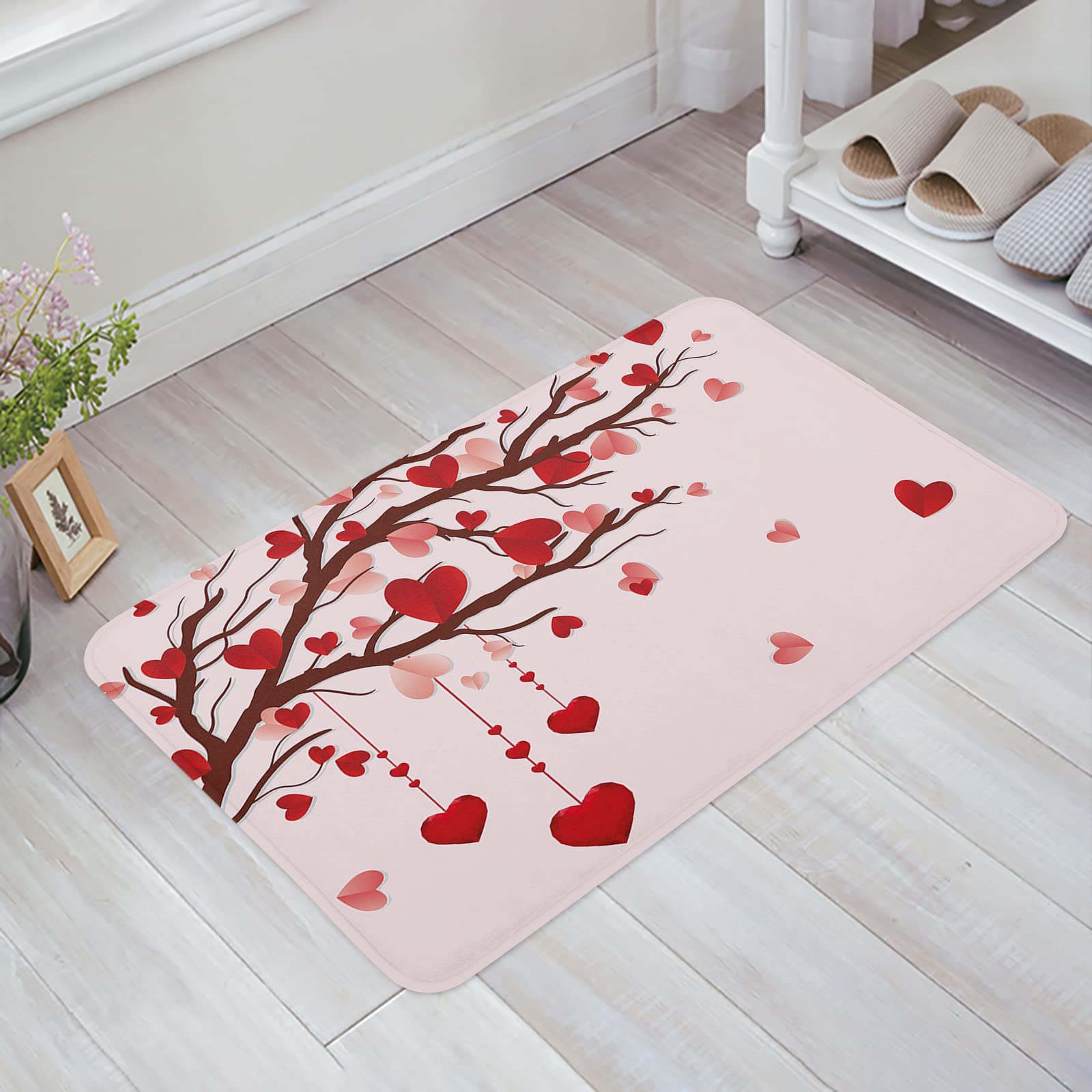 Valentine Bath Rugs Love Heart Tree Bathroom Rugs Pink Red Romantic Love Sponge Doormat Absorbent Non Slip Backing Soft Flannel Mat Memory Foam Mats Carpet for Bathroom Kitchen, 20 x 31.5 inches
