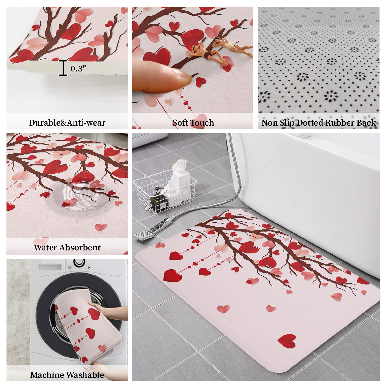 Valentine Bath Rugs Love Heart Tree Bathroom Rugs Pink Red Romantic Love Sponge Doormat Absorbent Non Slip Backing Soft Flannel Mat Memory Foam Mats Carpet for Bathroom Kitchen, 20 x 31.5 inches