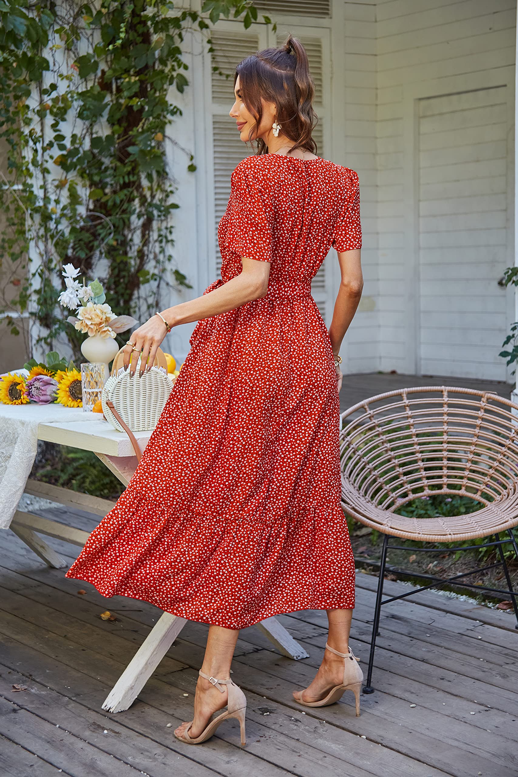 PRETTYGARDEN Women's 2024 Floral Boho Dress Wrap V Neck Short Sleeve Belted Ruffle Hem A-Line Flowy Maxi Dresses (Red Floral,Large)