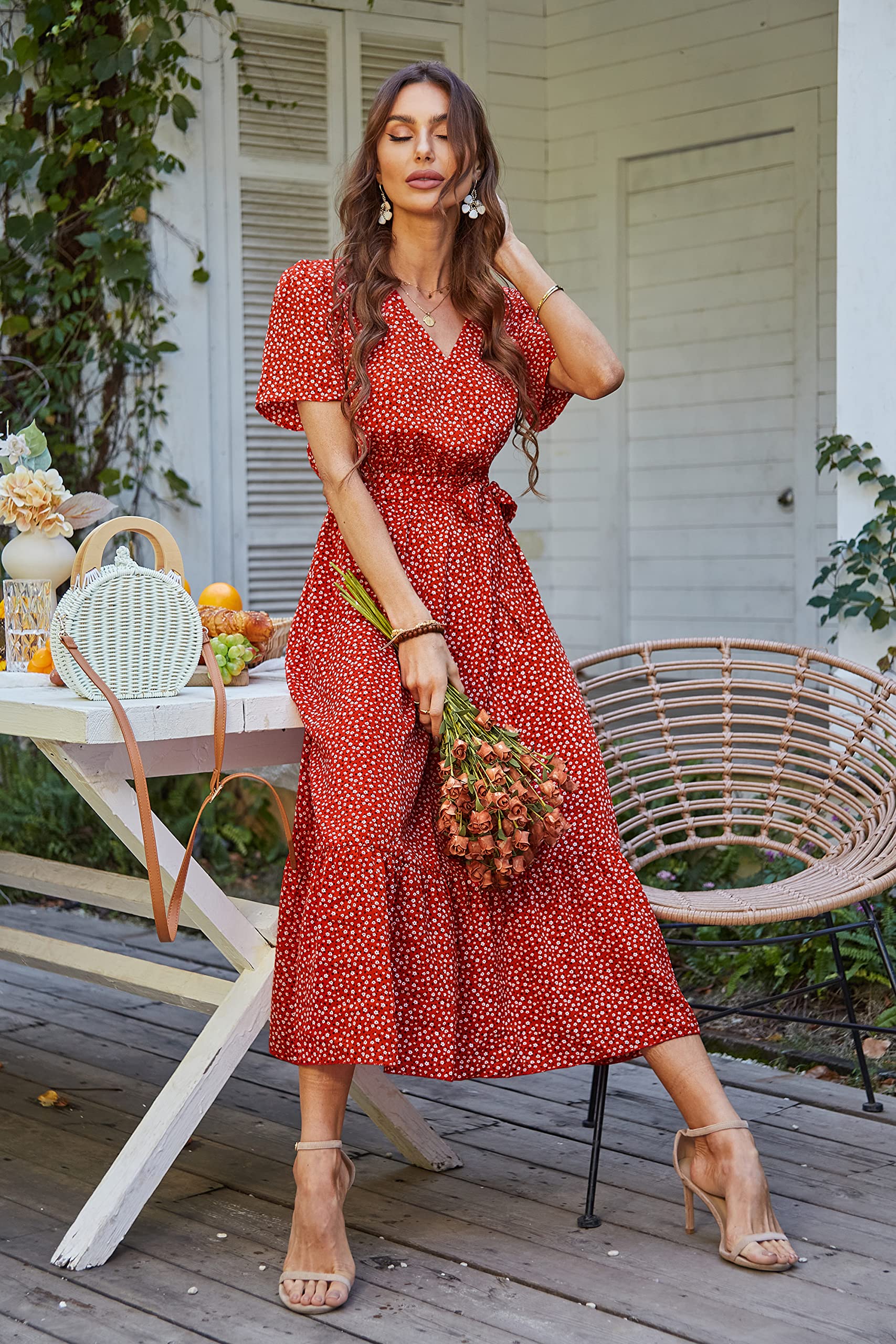 PRETTYGARDEN Women's 2024 Floral Boho Dress Wrap V Neck Short Sleeve Belted Ruffle Hem A-Line Flowy Maxi Dresses (Red Floral,Large)