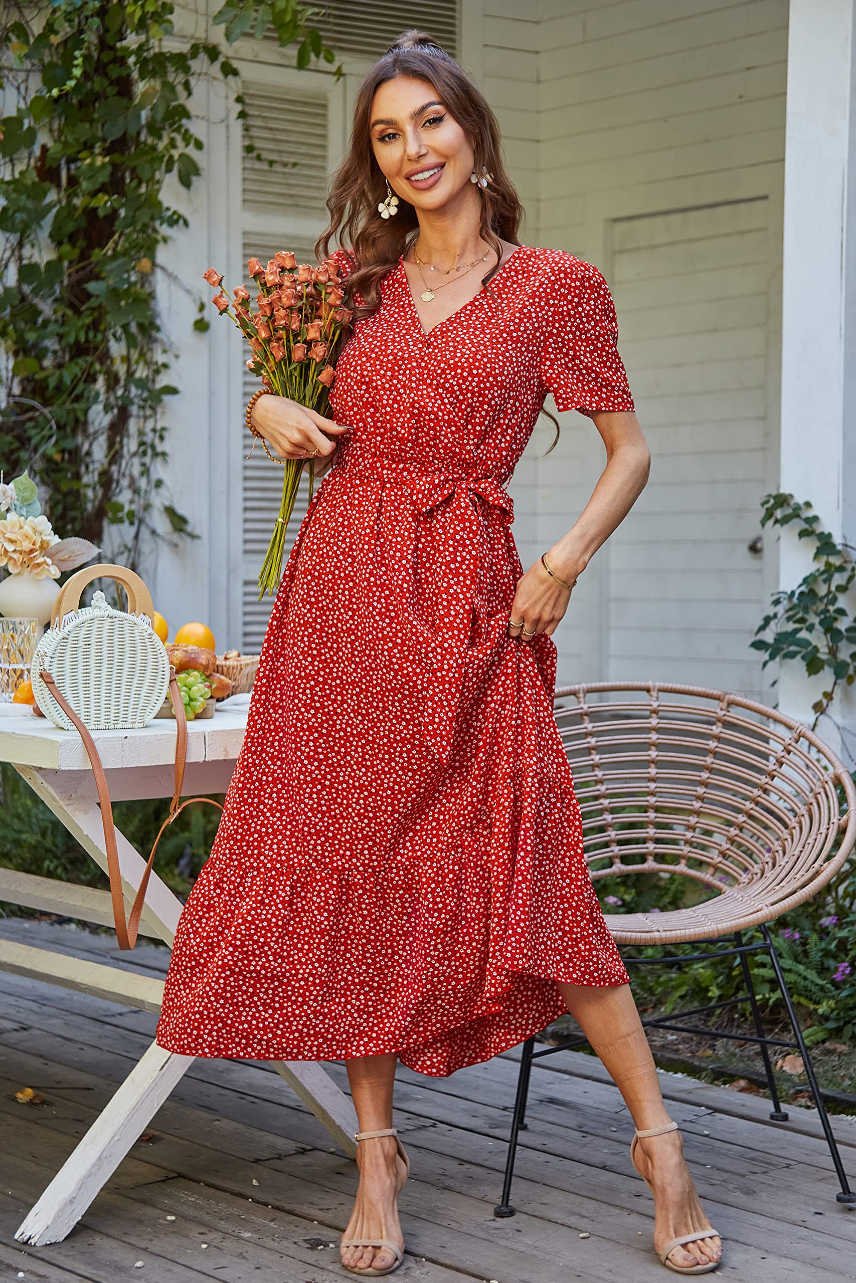 PRETTYGARDEN Women's 2024 Floral Boho Dress Wrap V Neck Short Sleeve Belted Ruffle Hem A-Line Flowy Maxi Dresses (Red Floral,Large)