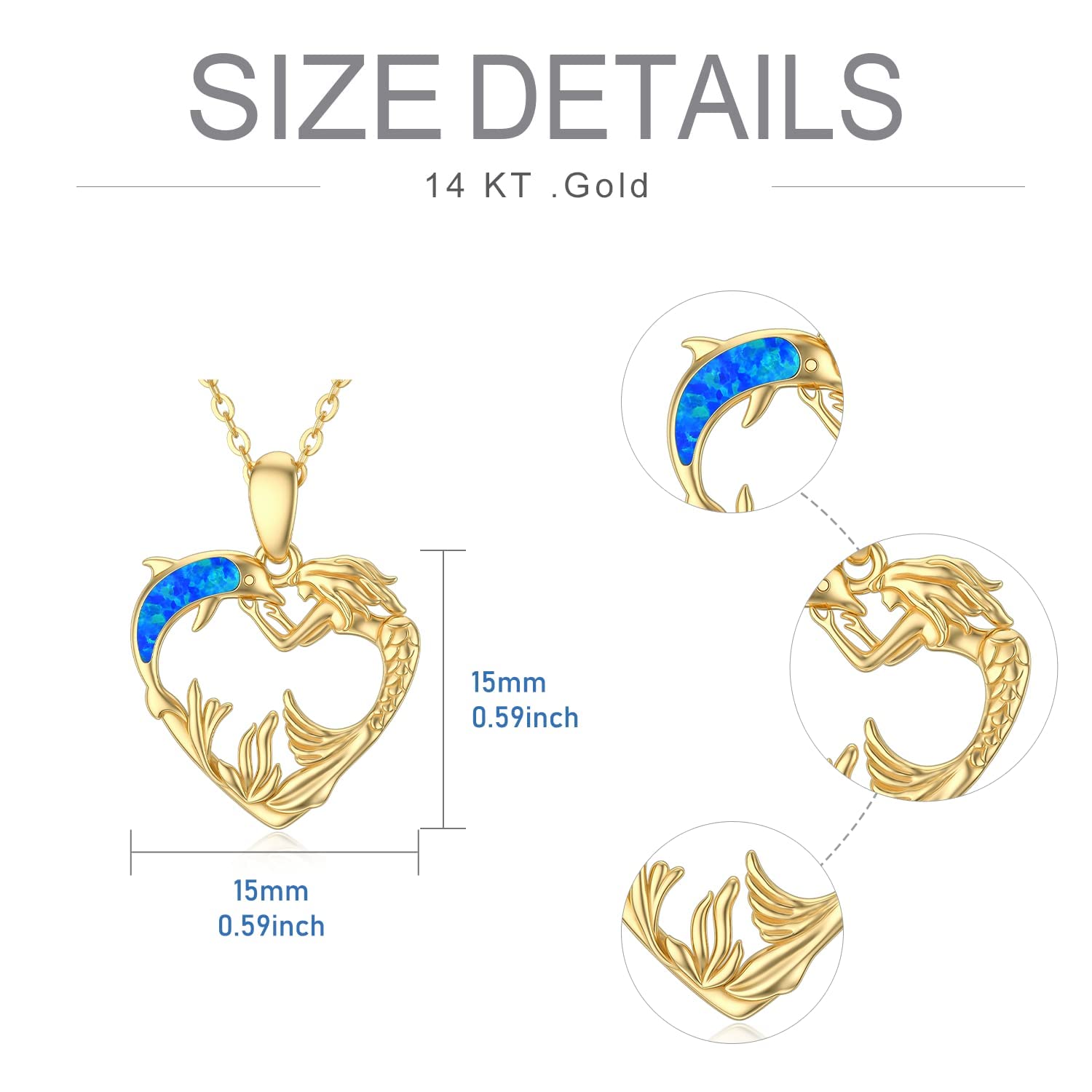 YDD 14K Solid Gold Mermaid Necklace for Women Dolphin Opal Necklace Heart Pendant Necklace Ocean Necklace 16''-18''