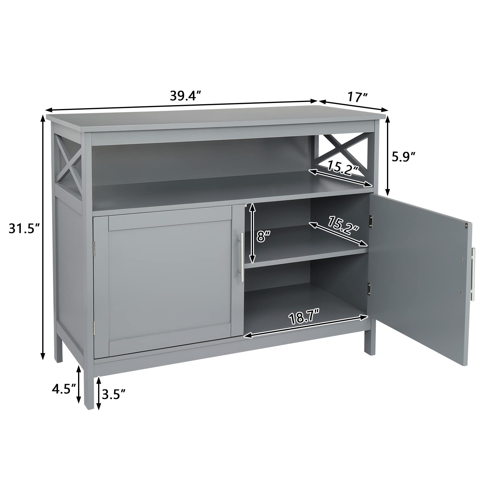 Double Door Sideboard Buffet Cabinet, Kitchen Storage Sideboard Coffee Bar Cabinet with Adjustable Shelf, Wooden Cupboard Console Table Curio Cabinet with Open Shelf for Kitchen Living Room, Grey