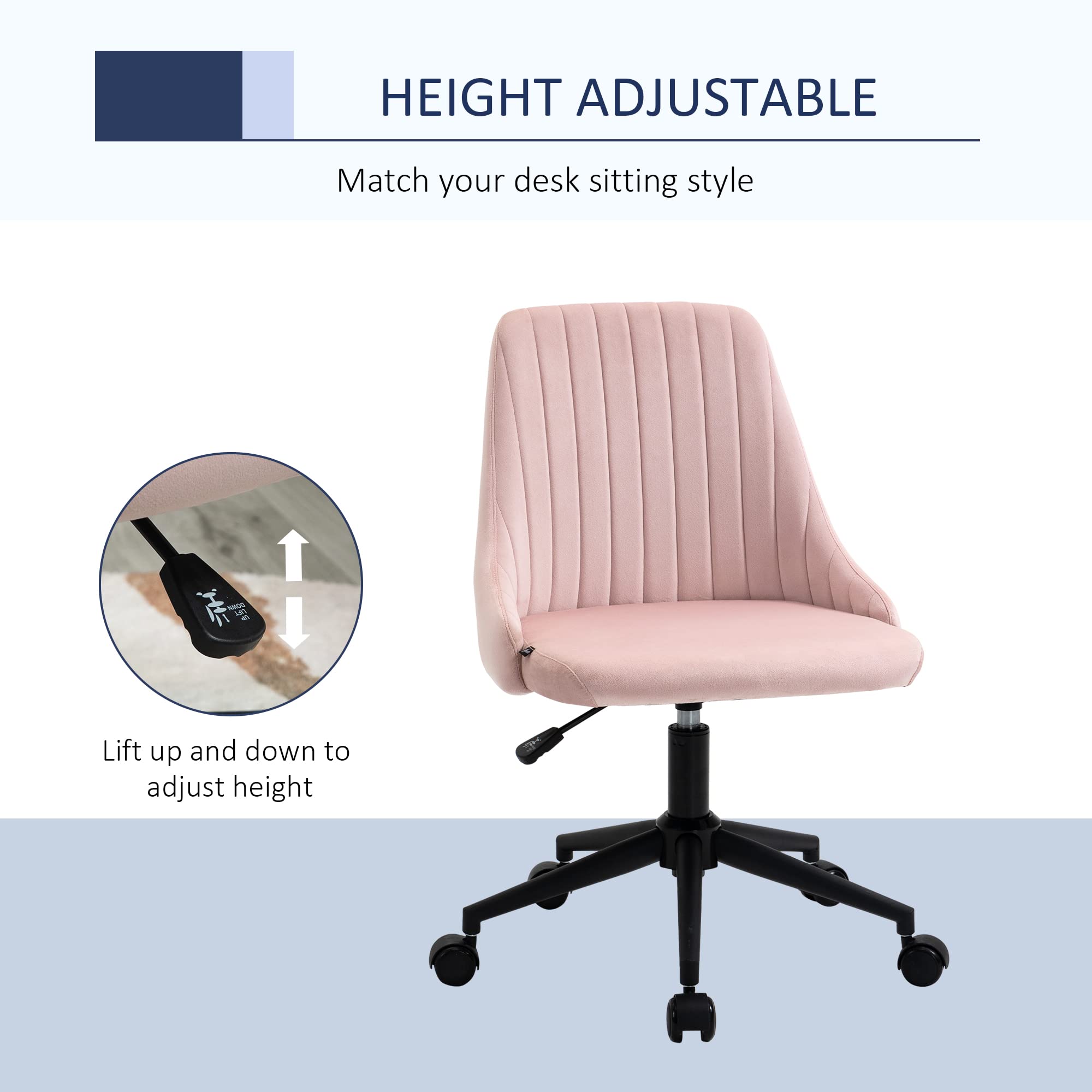 Vinsetto Mid-Back Office Chair, Velvet Fabric Swivel Scallop Shape Computer Desk Chair for Home Office or Bedroom, Pink