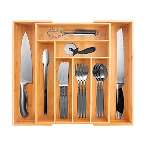 NA Bamboo Drawer Organizer, Expandable Silverware Holder, Cutlery Tray Flatware Organizer, Storage and Dividers for Knives Forks Kitchen Utensils, 6-8 Slots