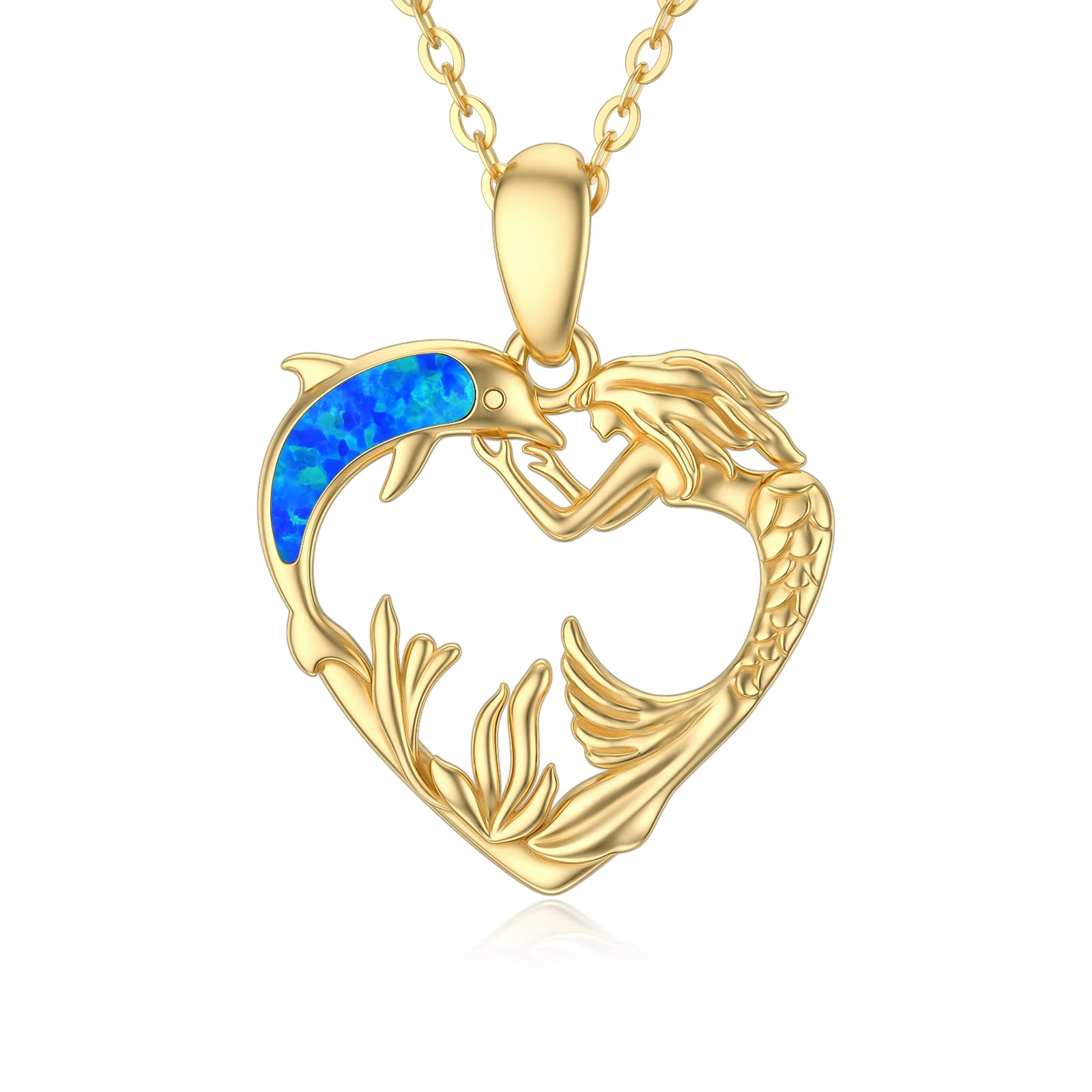YDD 14K Solid Gold Mermaid Necklace for Women Dolphin Opal Necklace Heart Pendant Necklace Ocean Necklace 16''-18''