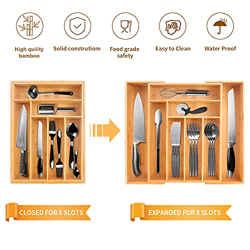 NA Bamboo Drawer Organizer, Expandable Silverware Holder, Cutlery Tray Flatware Organizer, Storage and Dividers for Knives Forks Kitchen Utensils, 6-8 Slots
