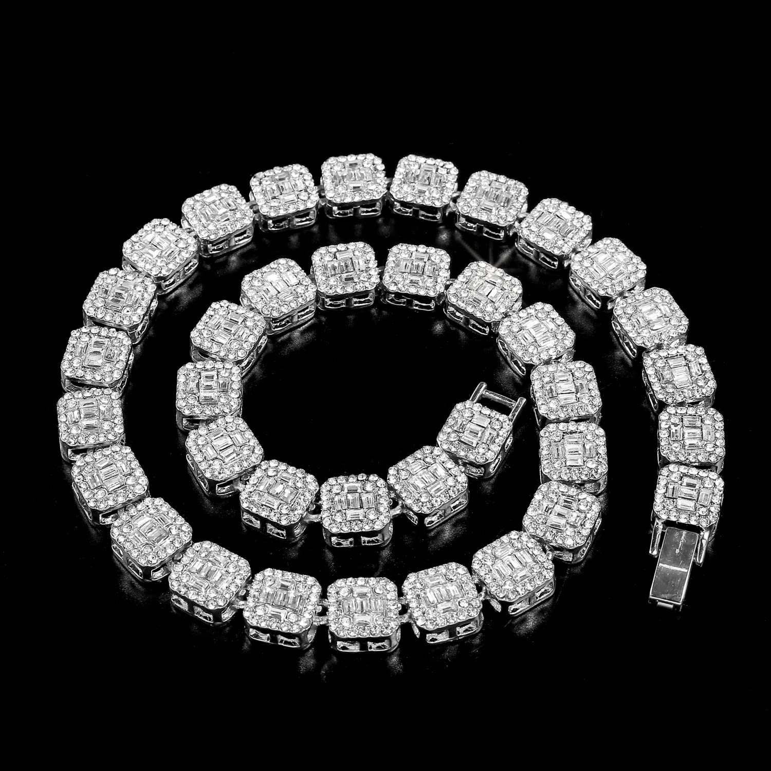 HH BLING EMPIRE Iced Out Chains for Men Silver and Gold Diamond Tennis Necklaces-Mens Hip Hop Baguette Tennis Chains (Cluster-Silver-18)