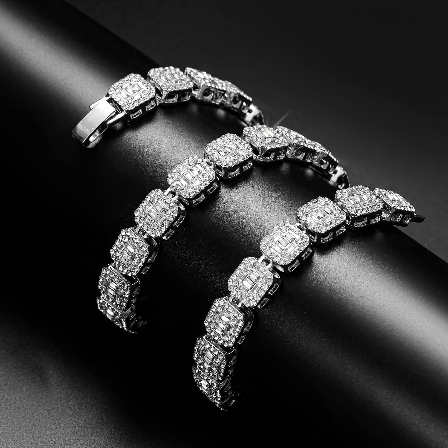 HH BLING EMPIRE Iced Out Chains for Men Silver and Gold Diamond Tennis Necklaces-Mens Hip Hop Baguette Tennis Chains (Cluster-Silver-18)