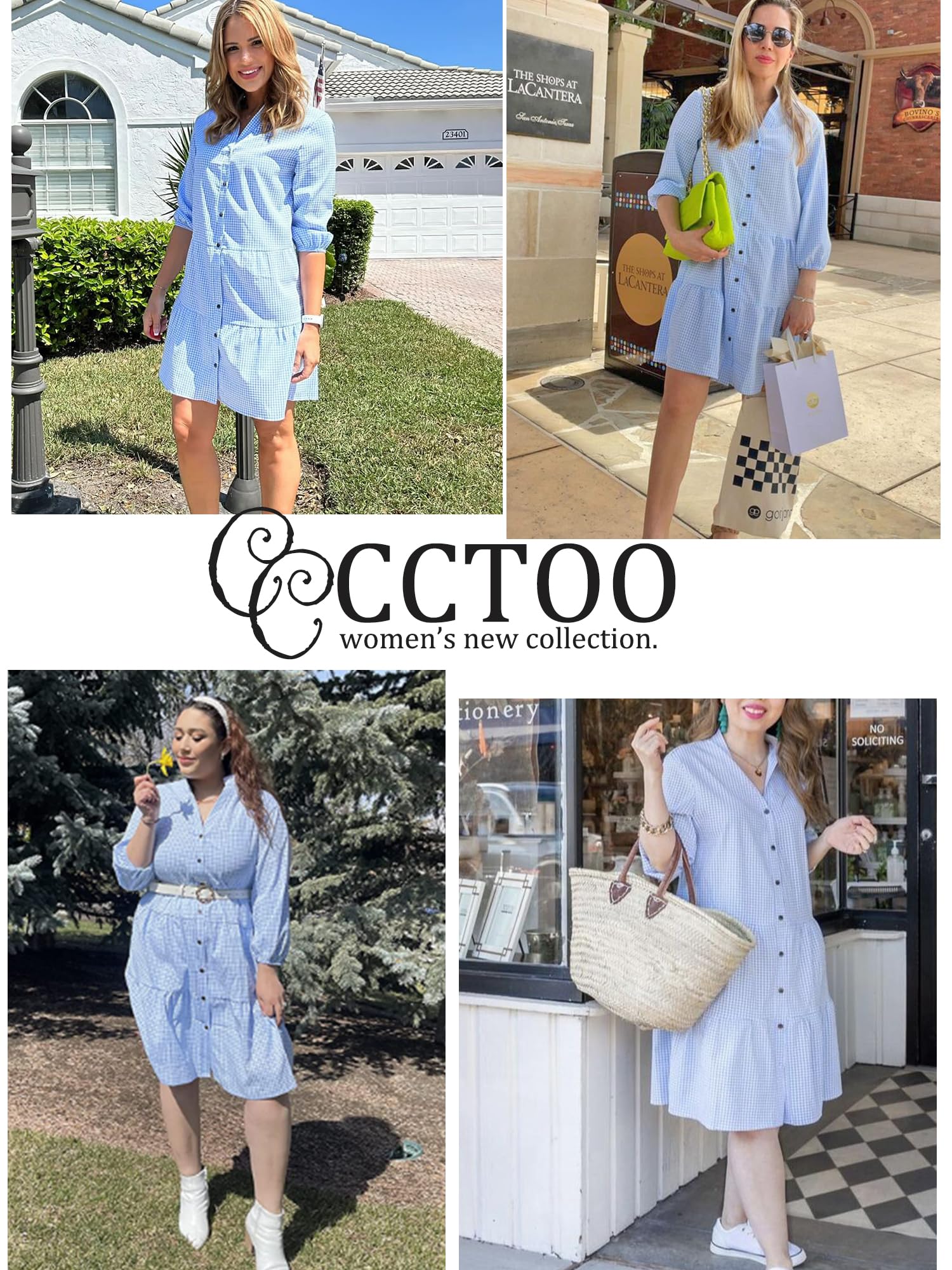 CCTOO Women’s Summer Dresses Casual V Neck Button Down 3/4 Sleeve Floral Print Loose Flowy Shirt Dress Blue Medium