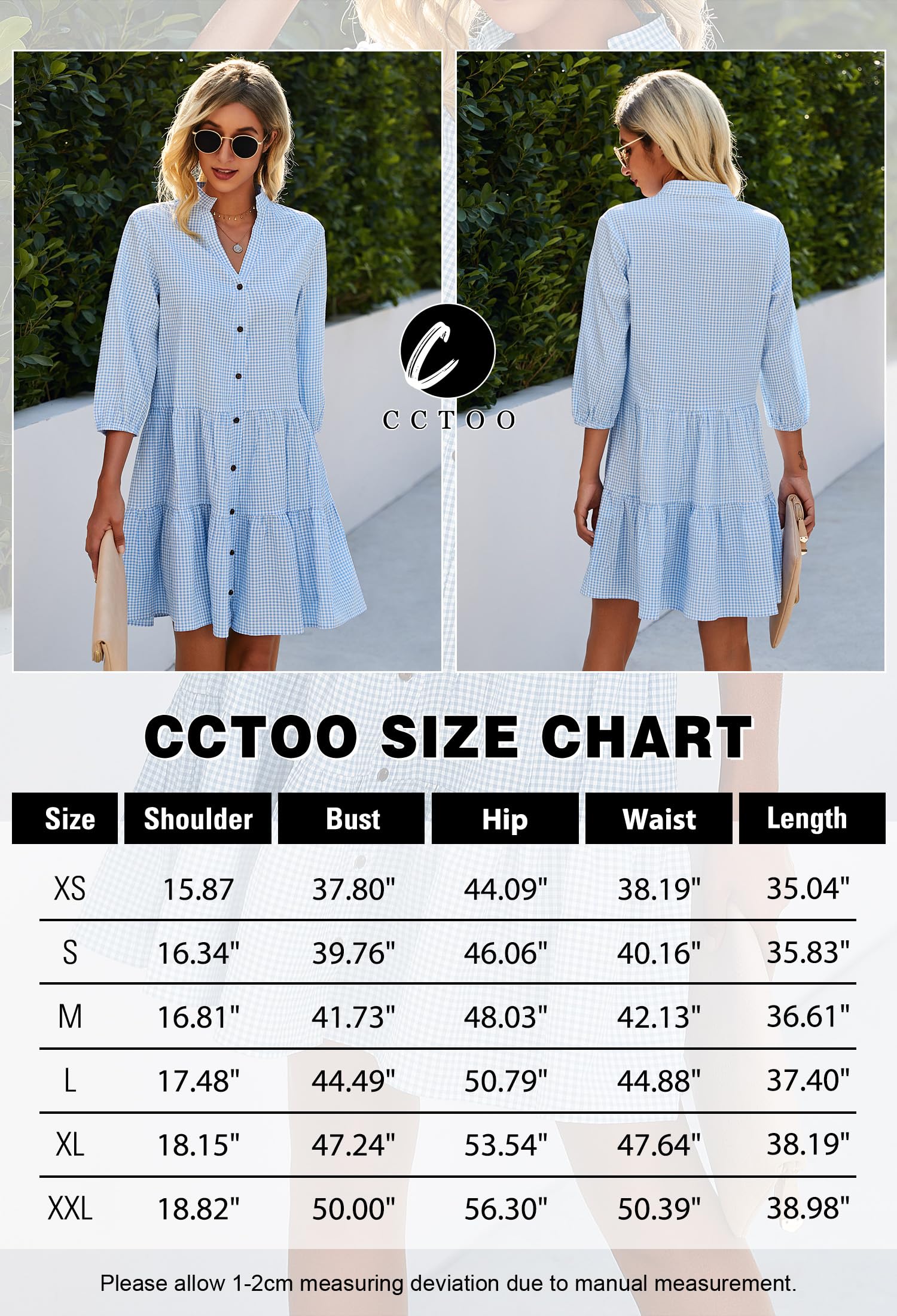 CCTOO Women’s Summer Dresses Casual V Neck Button Down 3/4 Sleeve Floral Print Loose Flowy Shirt Dress Blue Medium