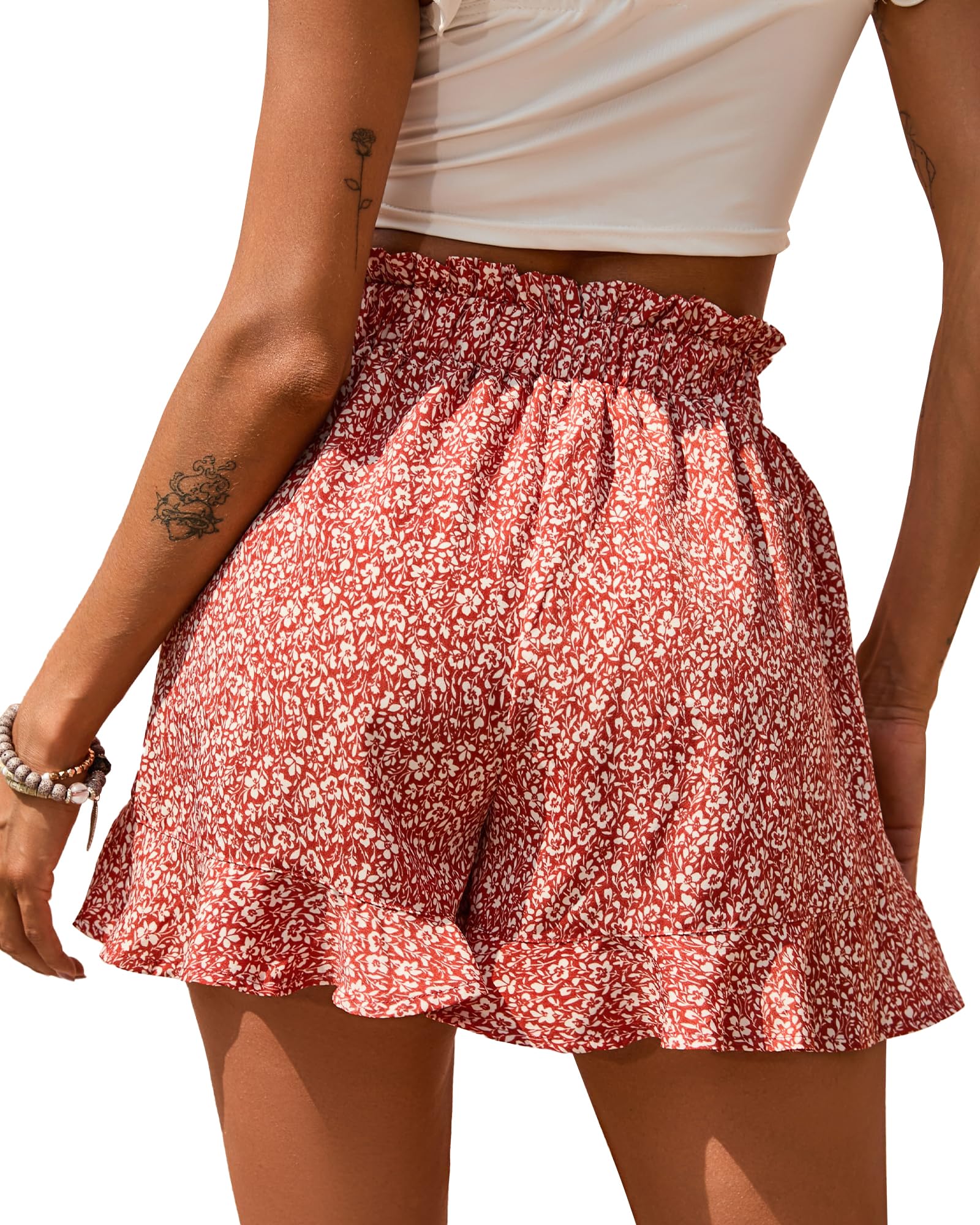 BTFBM Womens Casual Short Pants 2024 Resort Outfits Drawstring Lightweight Ruffle Elastic Waisted Summer Vacation Shorts(Floral Orange Red, X-Large)