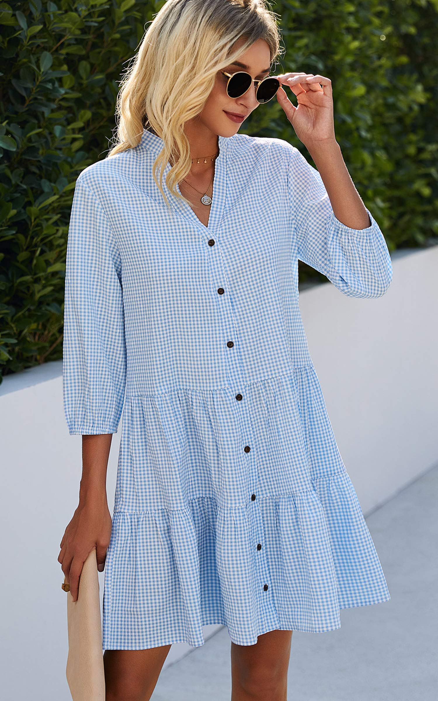 CCTOO Women’s Summer Dresses Casual V Neck Button Down 3/4 Sleeve Floral Print Loose Flowy Shirt Dress Blue Medium