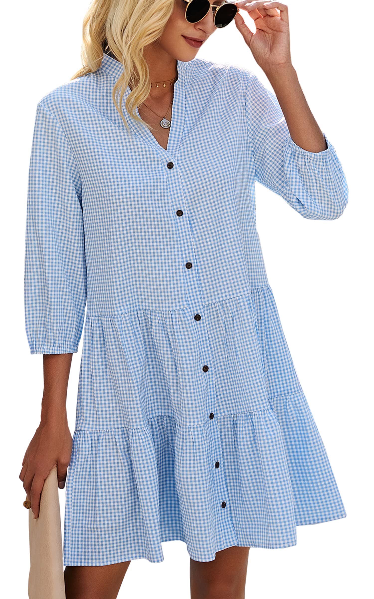 CCTOO Women’s Summer Dresses Casual V Neck Button Down 3/4 Sleeve Floral Print Loose Flowy Shirt Dress Blue Medium