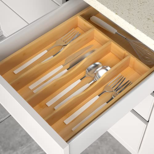 CALM COZY Kitchen Silverware Organizer, Bamboo Drawer Organizer with Adjustable Compartments Utensils Holder