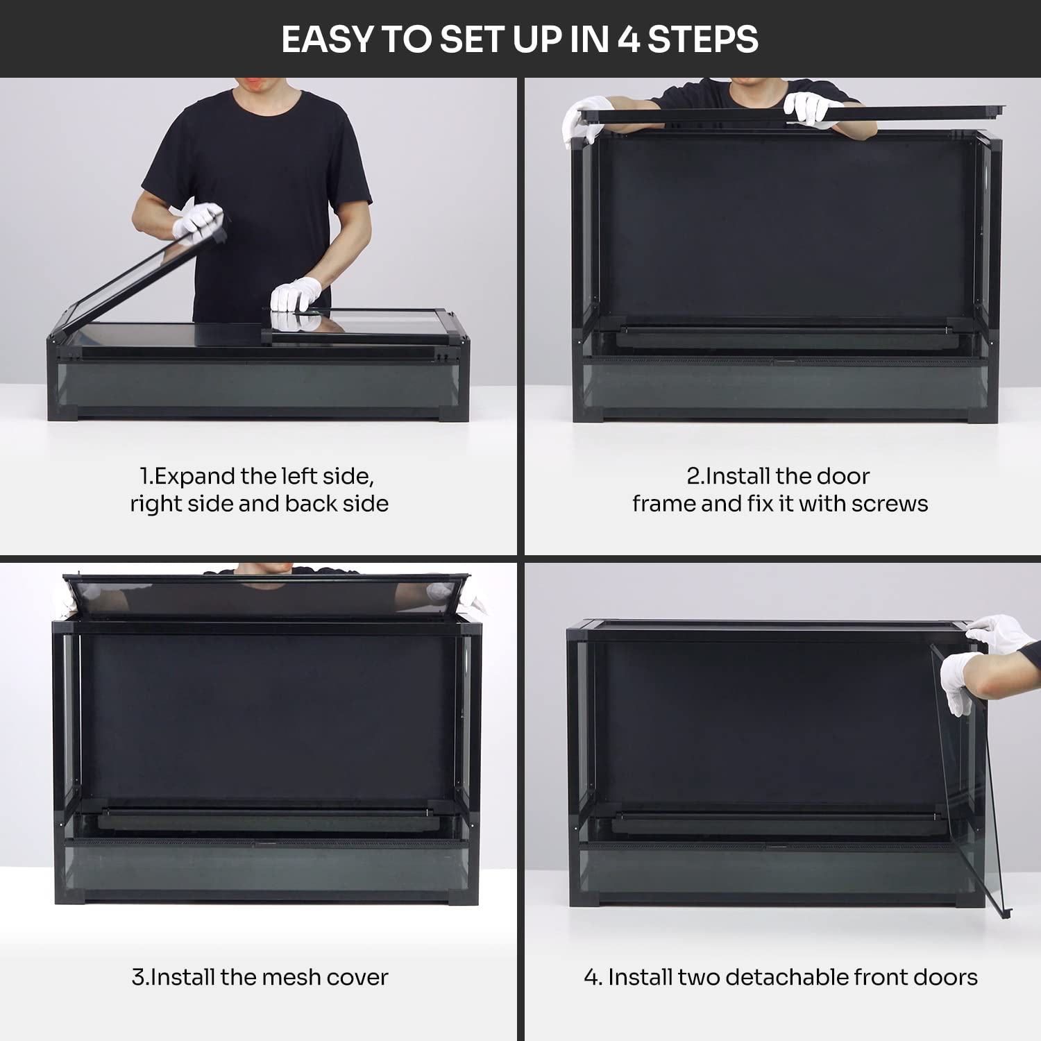 REPTI ZOO Collapsible 20 Gallon Reptile Tank, Tempered Glass Reptile Terrarium 30"x12"x12", Black PVC Back, Front & Top Ventilation & Anti Escape Lid, Easy Folding