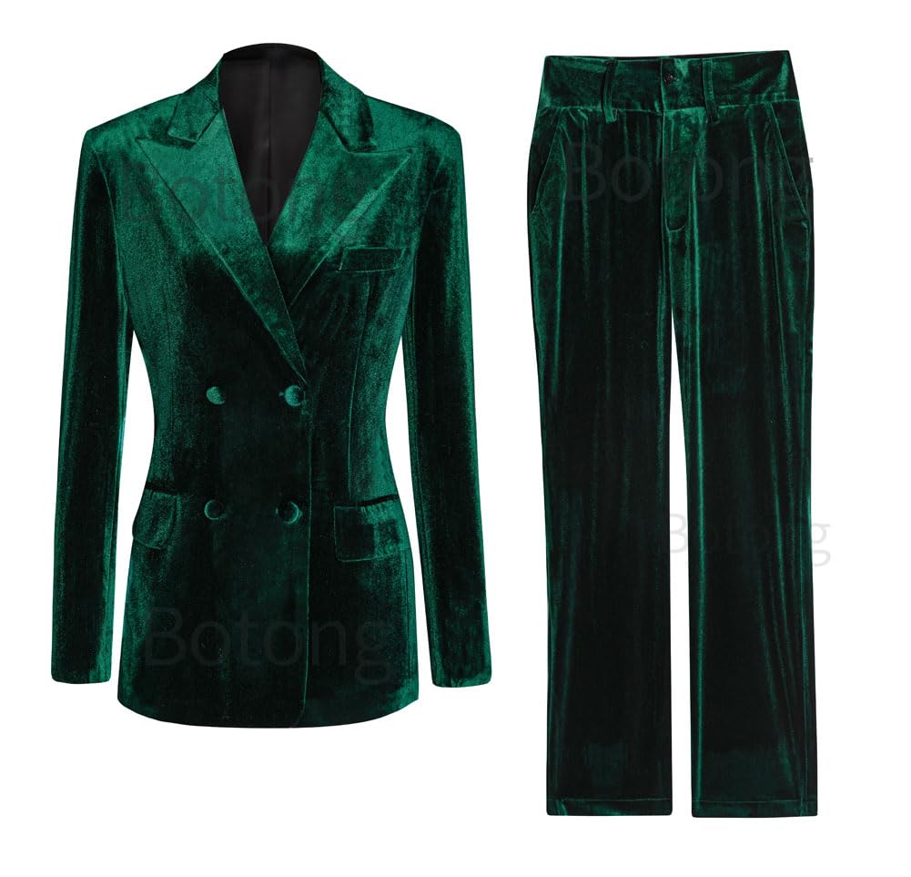 Botong Women's 2 Piece Velvet Suit Office Work Suit Notch Lapel Double Breasted Blazer Pants Business Suit Set Dark Green XL