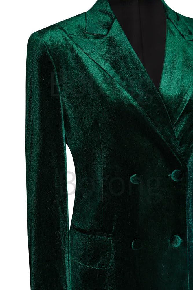Botong Women's 2 Piece Velvet Suit Office Work Suit Notch Lapel Double Breasted Blazer Pants Business Suit Set Dark Green XL
