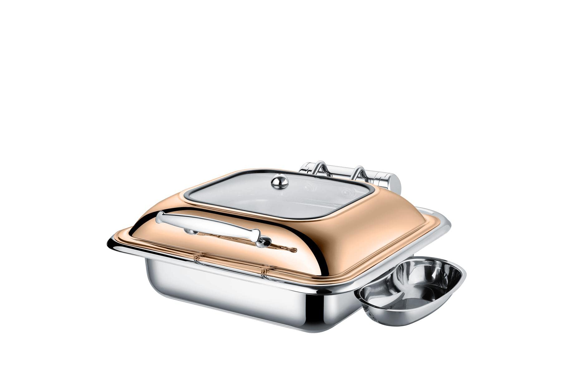 CHEFQ Elegant Chafer Dish with Rose Gold Accents - Hydraulic Hinge with Glass Window Cover- 6-qt capacity - Square–Includes Food Pan, Water Pan and Fuel Holders–keeps food warm in catered events