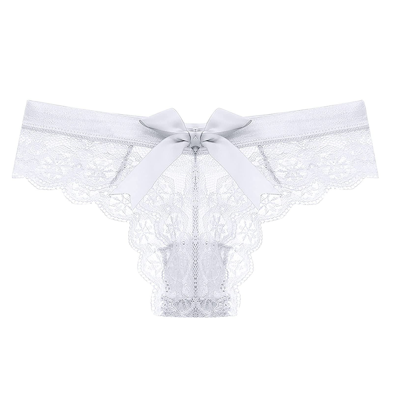 KUAOPATA Women's Lace Bow Thongs T Back Low Waist Breathable Panties Sexy Seamless V-Shape Design Floral Lace tangas (US, Alpha, Medium, Regular, Regular, White)