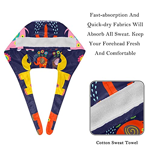 2 PCS Working Cap with Buttons and Sweatband Unisex Adjustable Tie Back Hats Bouffant Caps Cute Cartoon Boho Elephant Water Spray Sunflower Scrub Hat Turban Cap
