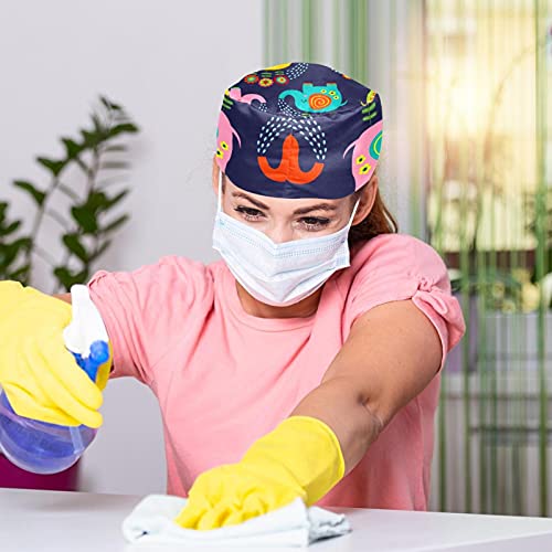 2 PCS Working Cap with Buttons and Sweatband Unisex Adjustable Tie Back Hats Bouffant Caps Cute Cartoon Boho Elephant Water Spray Sunflower Scrub Hat Turban Cap