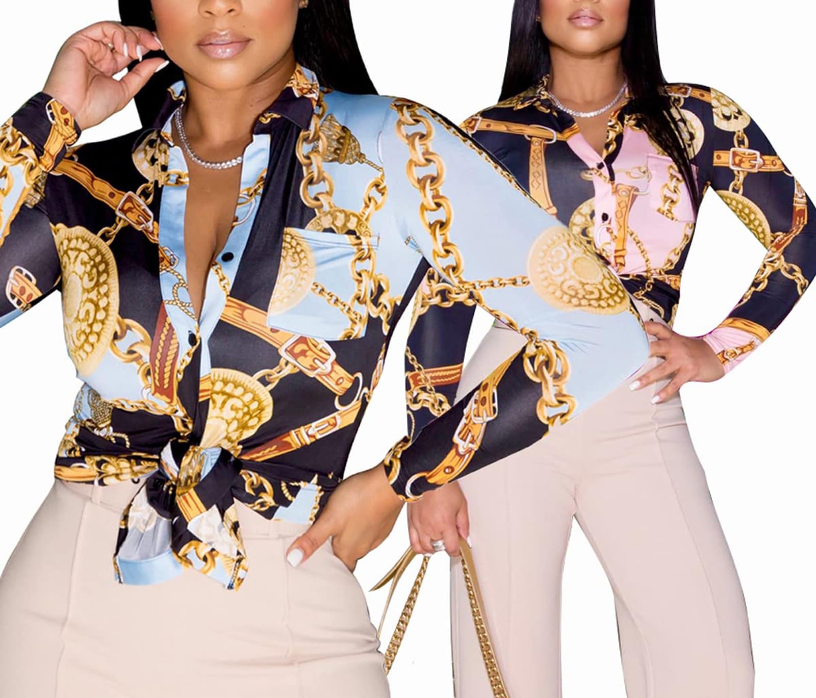 Colorful Blouses Long Sleeve Floral Print Loose Collar Sexy Tops Casual V Neck Button Down T-Shirt for Women L