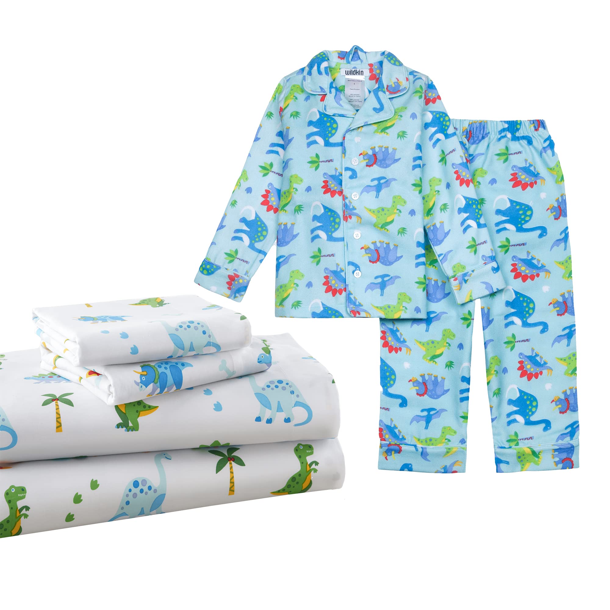 Wildkin Cotton Twin Sheet Set Bundle with Pajama Set Size 2T (Dinosaur Land)