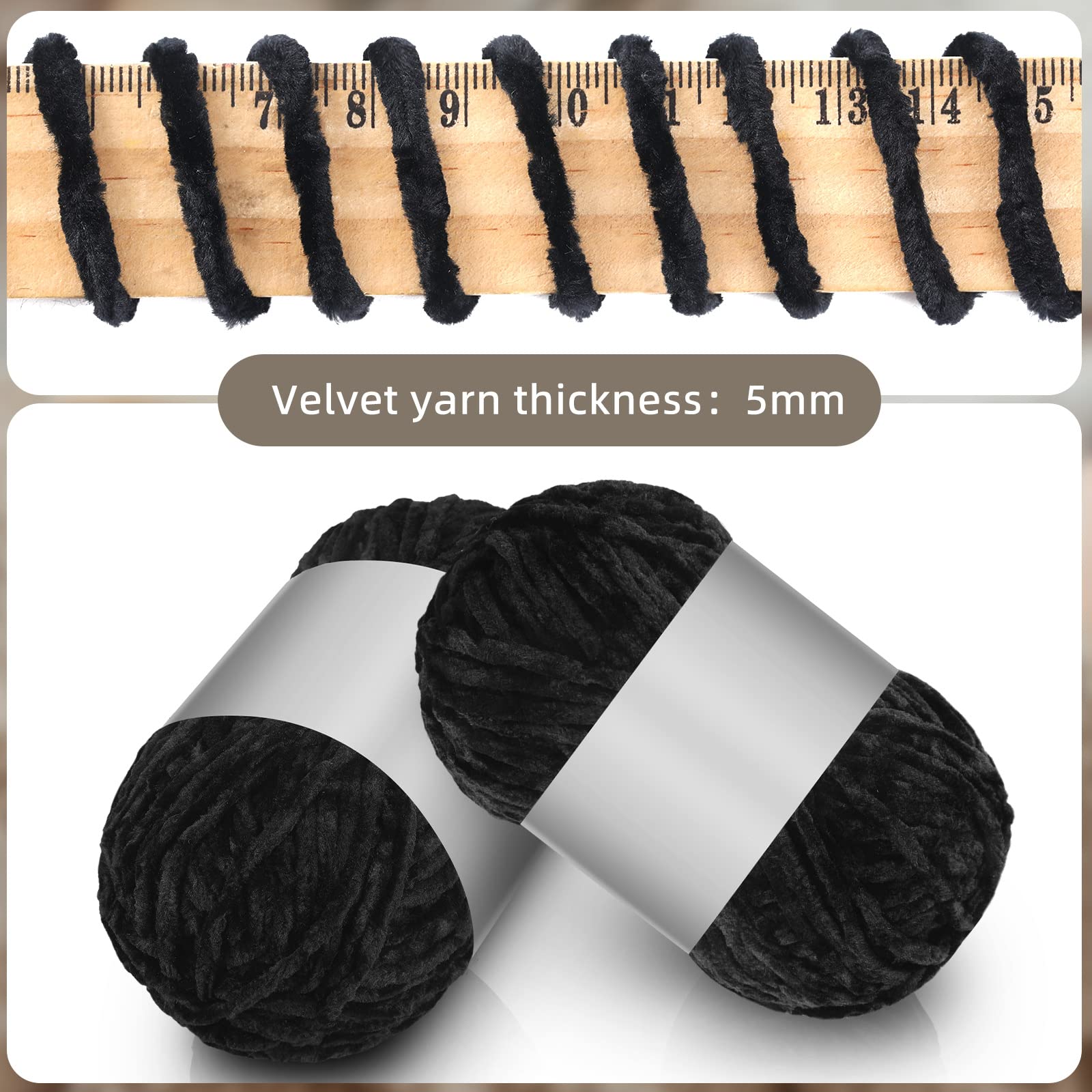 3 Rolls 590 Yards Velvet Yarn Chenille Yarn for Soft Crocheting and Knitting Baby Velvet Project, 180 Meter and 100 Gram for Each DIY Weaving Crochet Weaving Craft(Black)