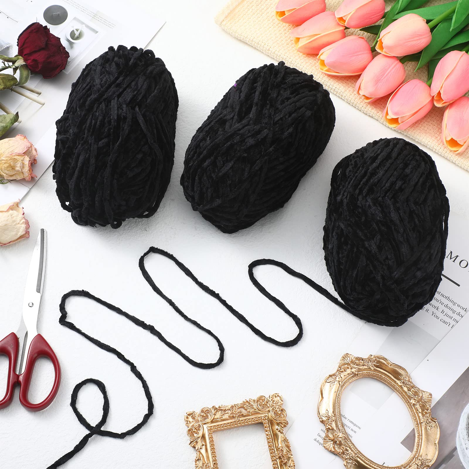 3 Rolls 590 Yards Velvet Yarn Chenille Yarn for Soft Crocheting and Knitting Baby Velvet Project, 180 Meter and 100 Gram for Each DIY Weaving Crochet Weaving Craft(Black)